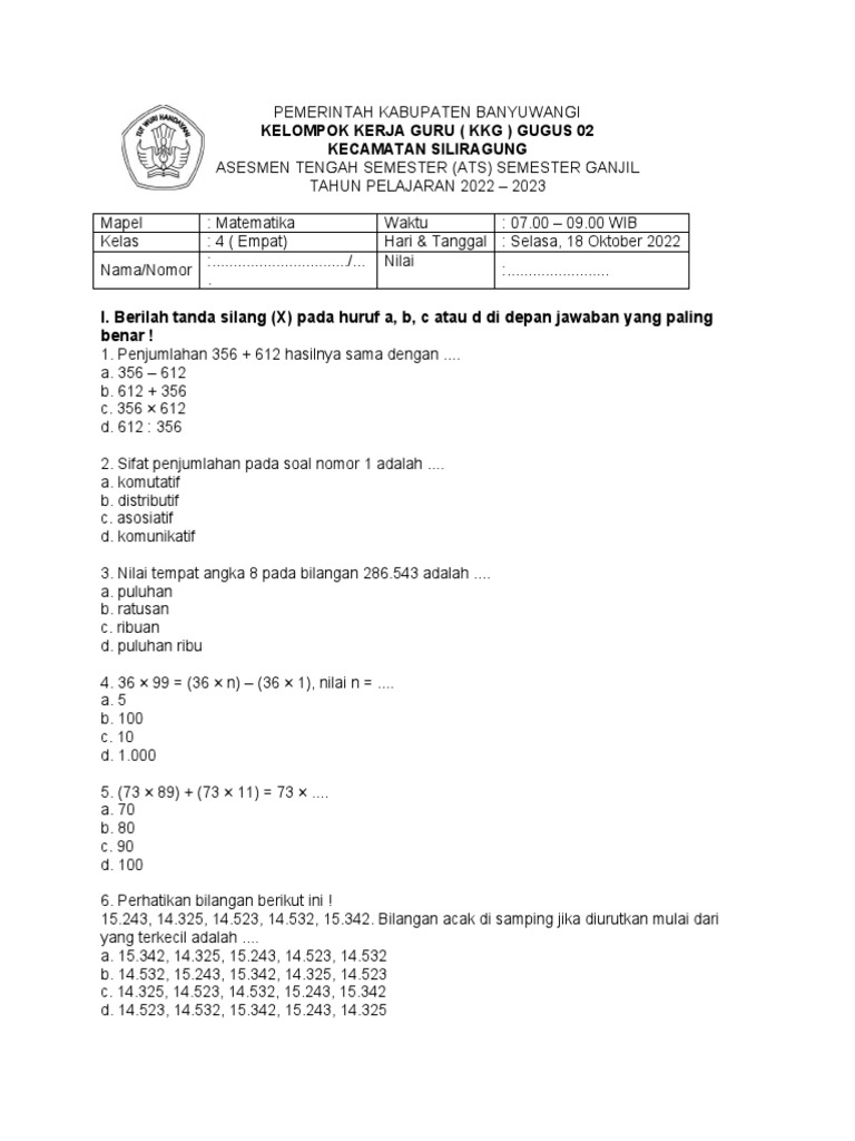 I. Berilah Tanda Silang (X) Pada Huruf A, B, C Atau D Di Depan Jawaban Yang Paling Benar ! | PDF