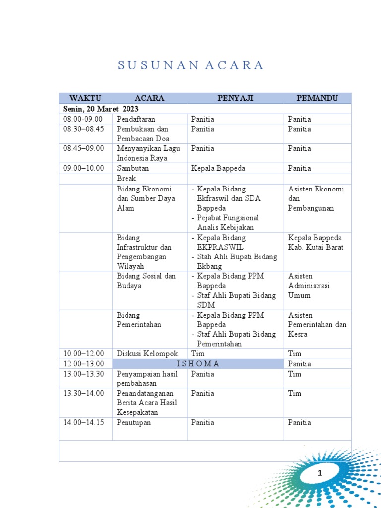 Susunan Acara: Waktu Acara Penyaji Pemandu Senin, 20 Maret 2023 | PDF