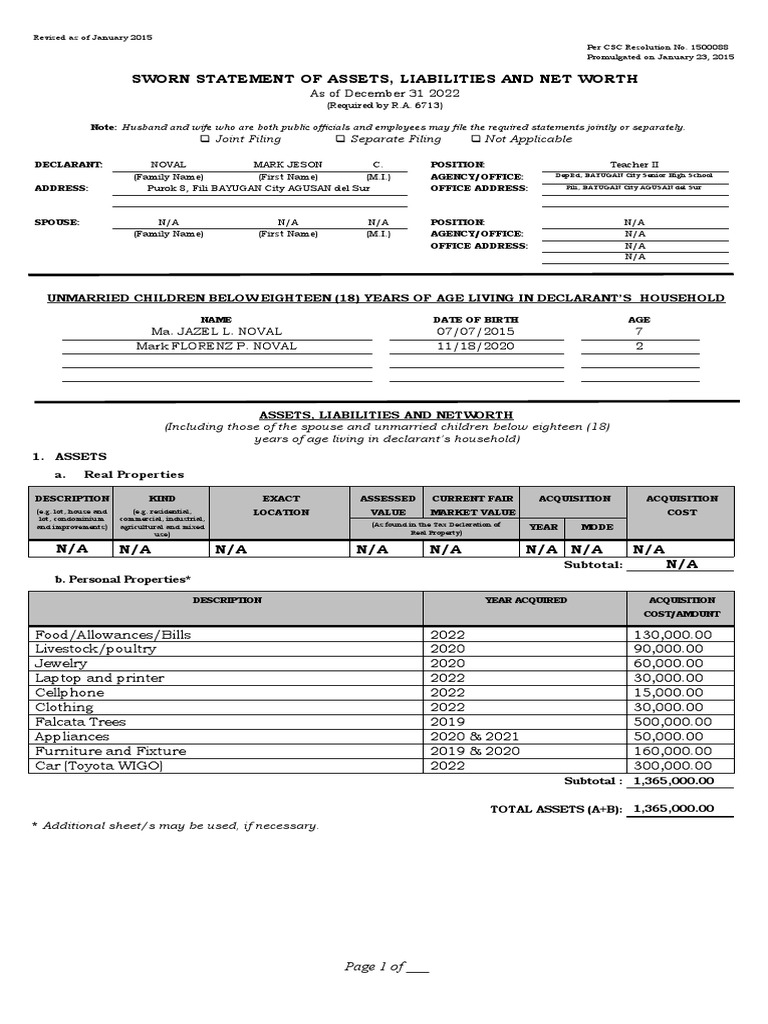 Revised SALN Form as of January 2015 | PDF | Net Worth | Economies