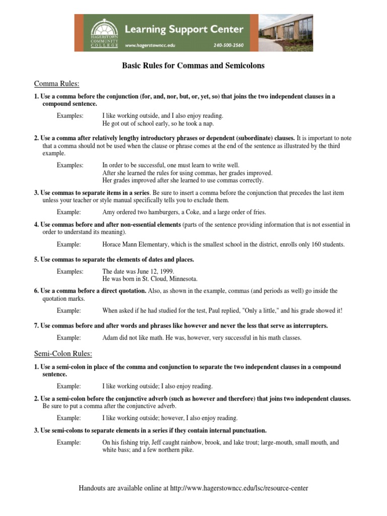 Basic Rules For Commas and Semicolons | PDF | Comma | Grammar