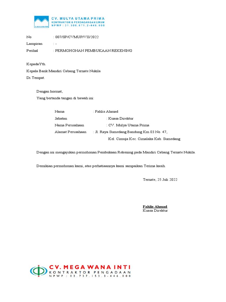 Permohonan Pembukaan Rek | PDF