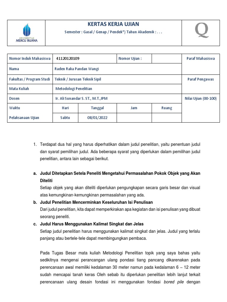 UAS Metodologi Penelitian - Raden Raka Pandan Wangi (41120120109) | PDF