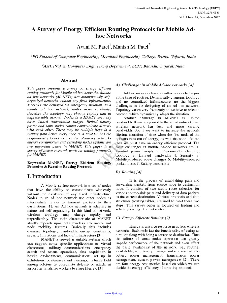 A Survey Of Energy Efficient Routing Protocols For Mobile Ad Hoc Networks Ijertv1is10316 Pdf