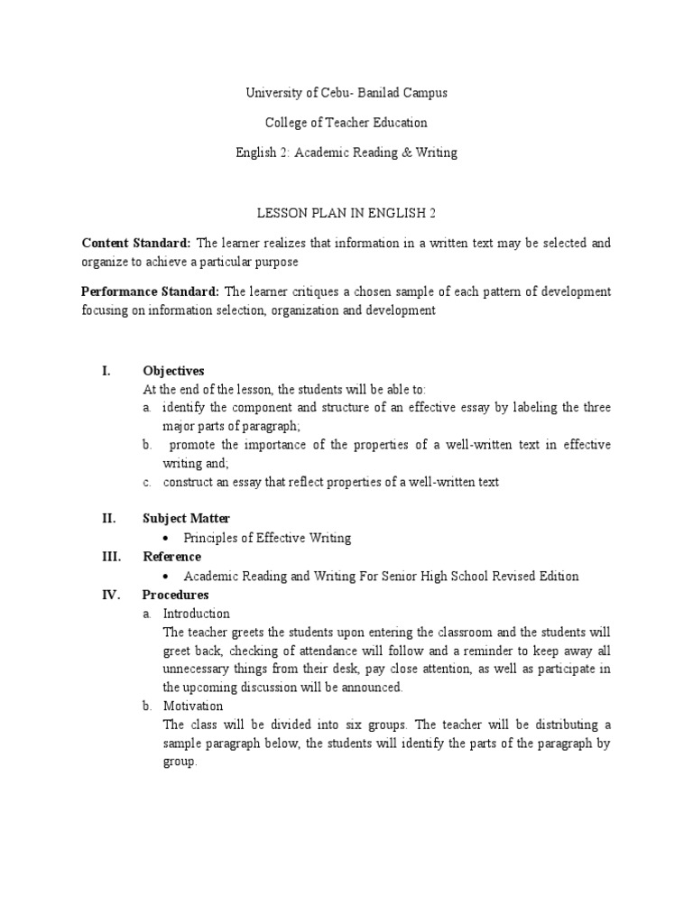 Lesson Plan Principles of Effective Writing Pepito | PDF | Essays ...