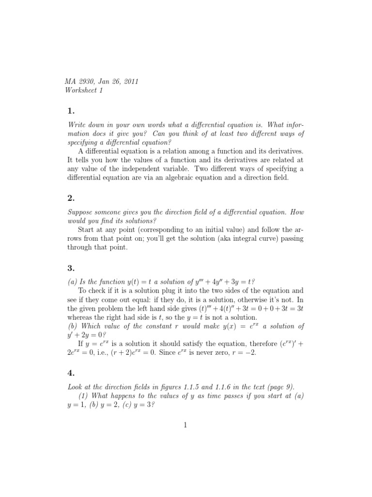MATH 2930 - Worksheet 1 Solutions | Download Free PDF | Equations | Teaching Mathematics