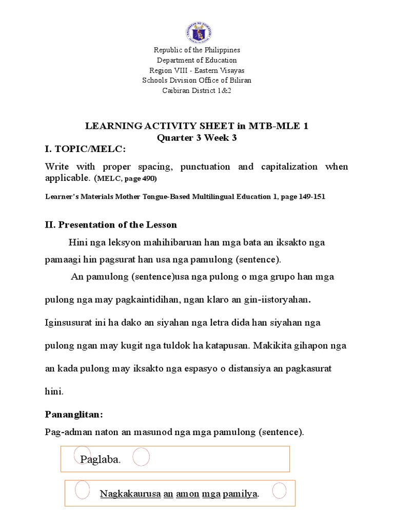 Learning Activity Sheet in Mtb-Mle 1 Quarter 3 Week 3 I. Topic/Melc | PDF