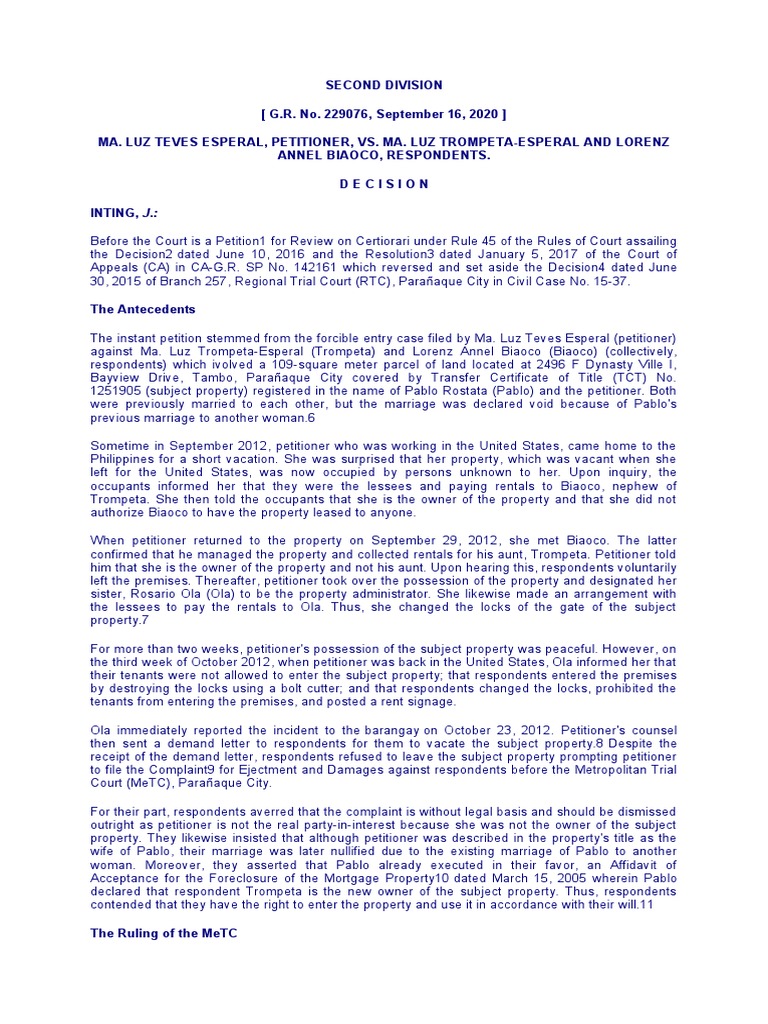 Ejectment Case: Luz Esperal vs. Trompeta-Esperal | PDF | Lawsuit ...