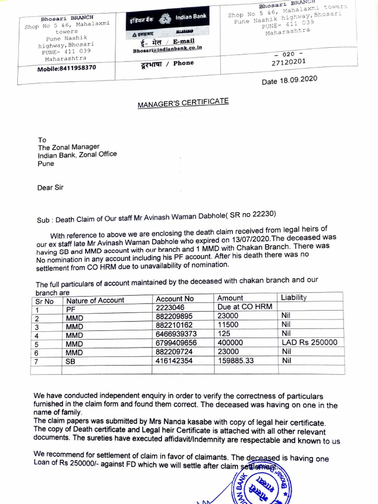 Death Claim Covering Letter | PDF | Common Law | Civil Law (Common Law)