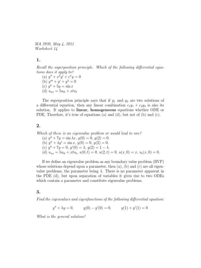 MATH 2930 - Worksheet 14 Solutions | PDF | Eigenvalues And Eigenvectors | Partial Differential ...