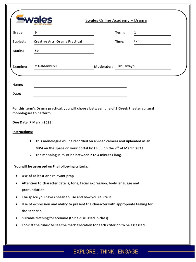 Grade 9 Creative Arts - Term 1 - Task 1 (Drama) Final Version | PDF ...