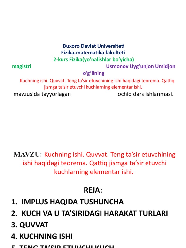 Ochiq Dars Kuchning Ishi - Quvvat | PDF