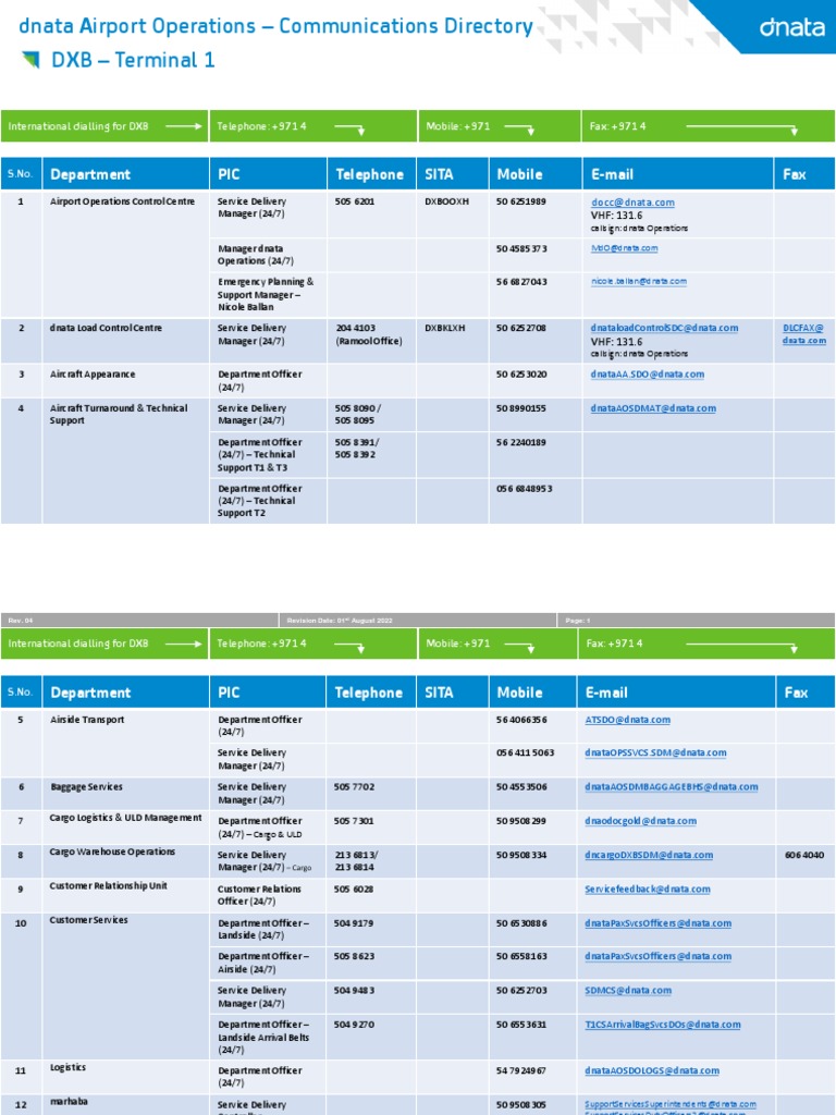 Dnata Terminal 1 Contact Directory | PDF | Airport | Service Industries