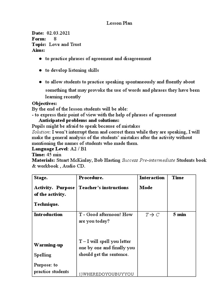 Lesson plan focuses on agreement and disagreement phrases | PDF | Communication | Behavior ...