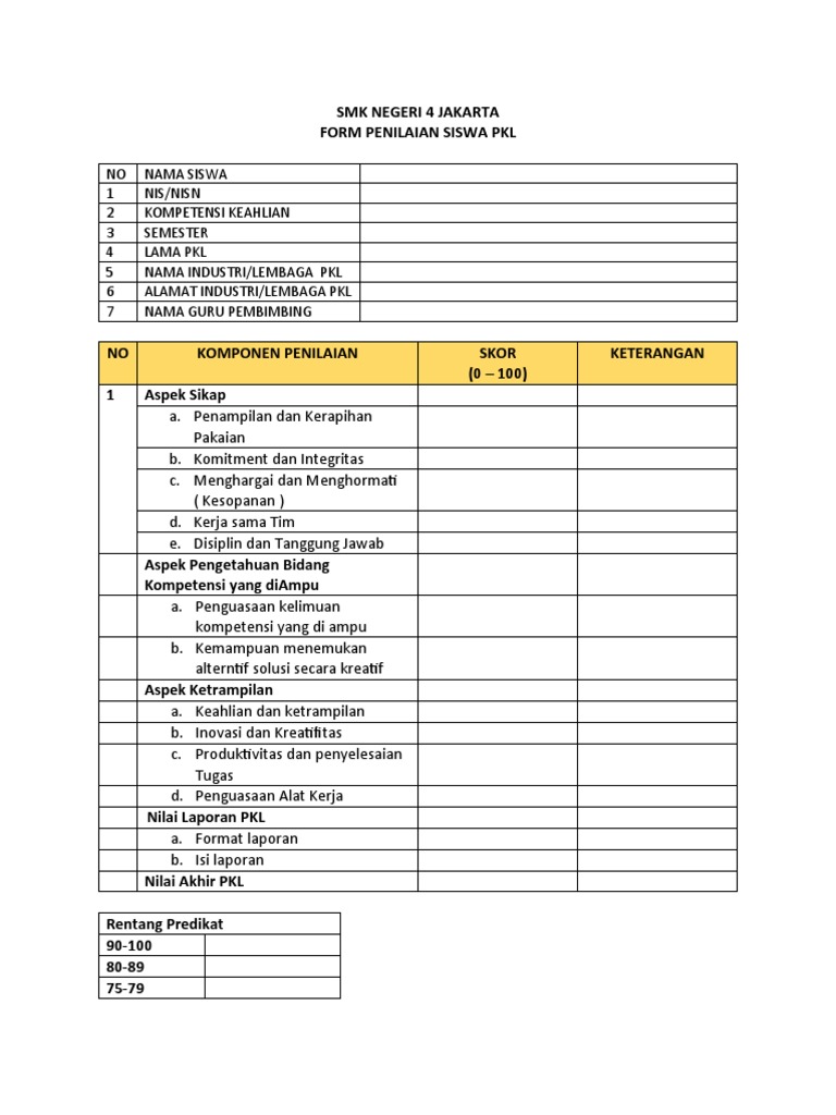 SMK Negeri 4 Jakarta Form Penilaian Siswa PKL | PDF | Seni