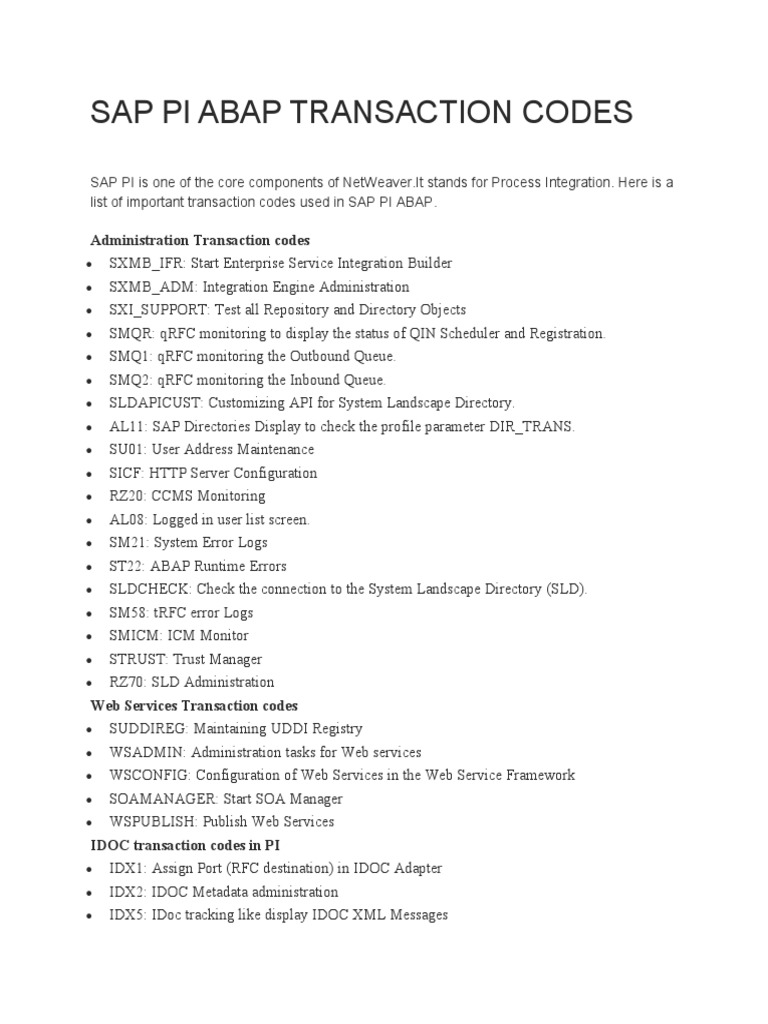 Sap Pi Abap Transaction Codes | PDF