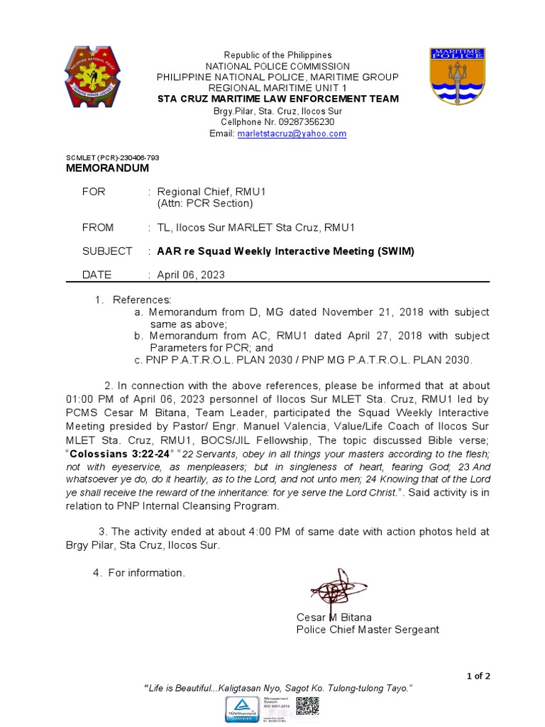 04-06-2023 AAR Re Squad Weekly Interactive Meeting (SWIM) | PDF