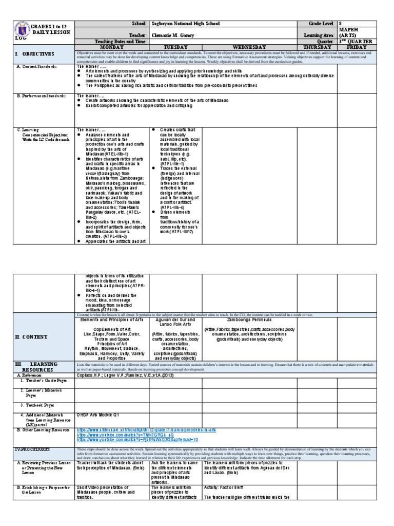 Grade 8 MAPEH Daily Lesson Log | PDF | Learning | Teachers