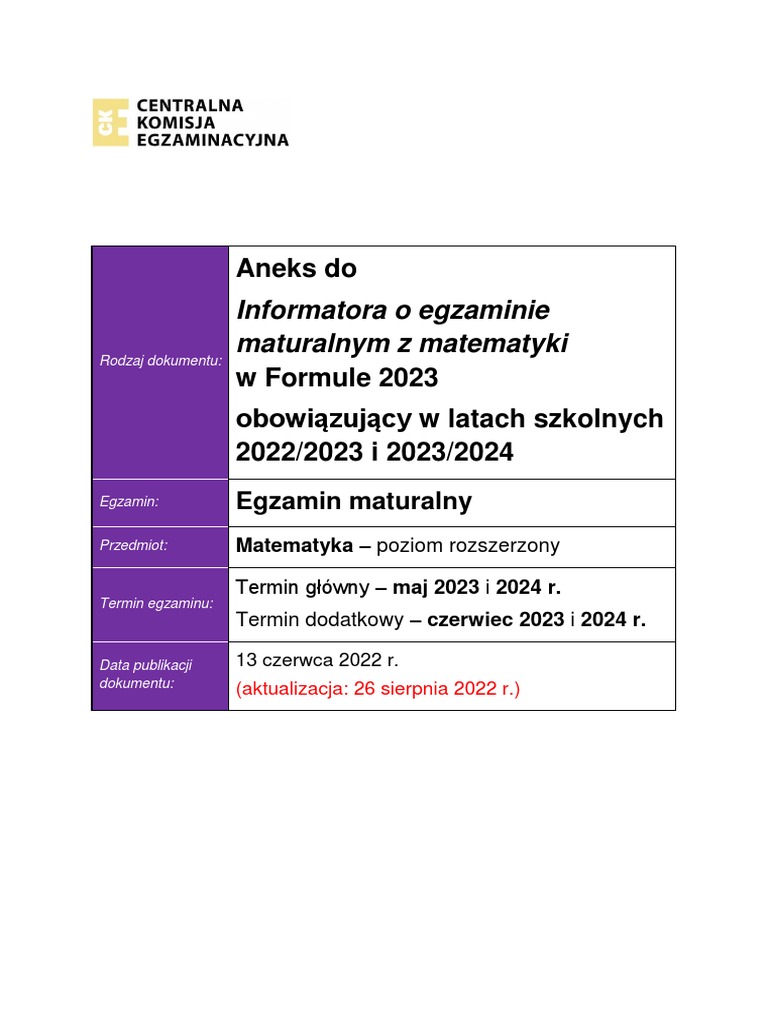 Informator Maturalny Matematyka 2023 Poziom Rozszerzony Aneks | PDF