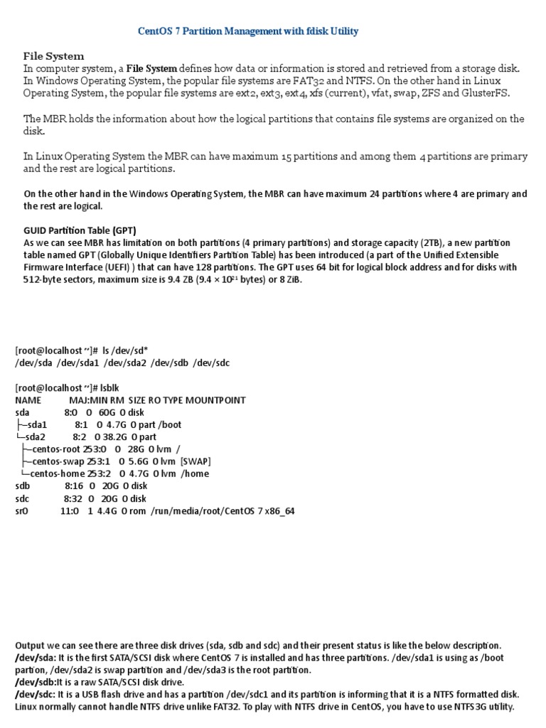Centos 7 Partition Management With Fdisk Utility: File System | PDF | File System | Information ...