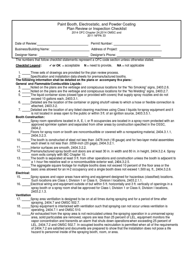 Paint Booth Checklist | PDF | Fire Sprinkler System | Duct (Flow)