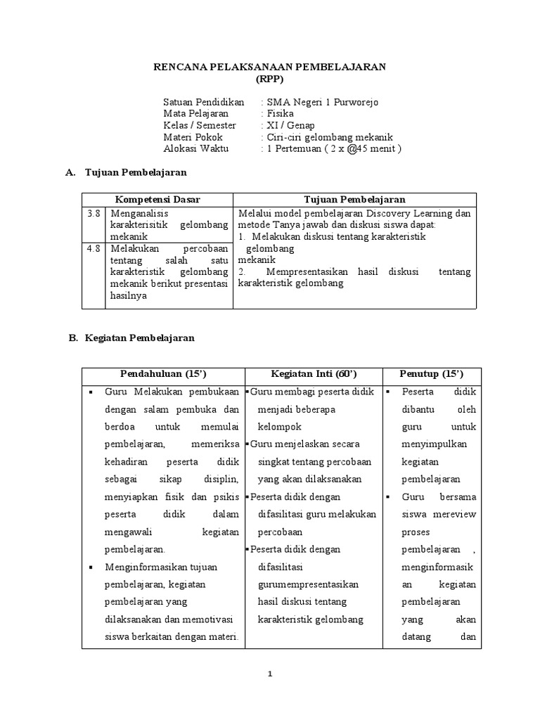 RPP Retno Sem 2 Kelas Xi Mipa KD 3.1 Gelombang Mekanik | PDF | Karier & Perkembangan | Sains ...