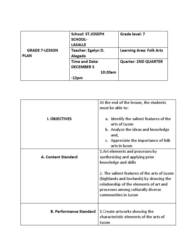 Detailed Lesson Plan Fs2 Alegado | PDF | Folk Art | Teachers