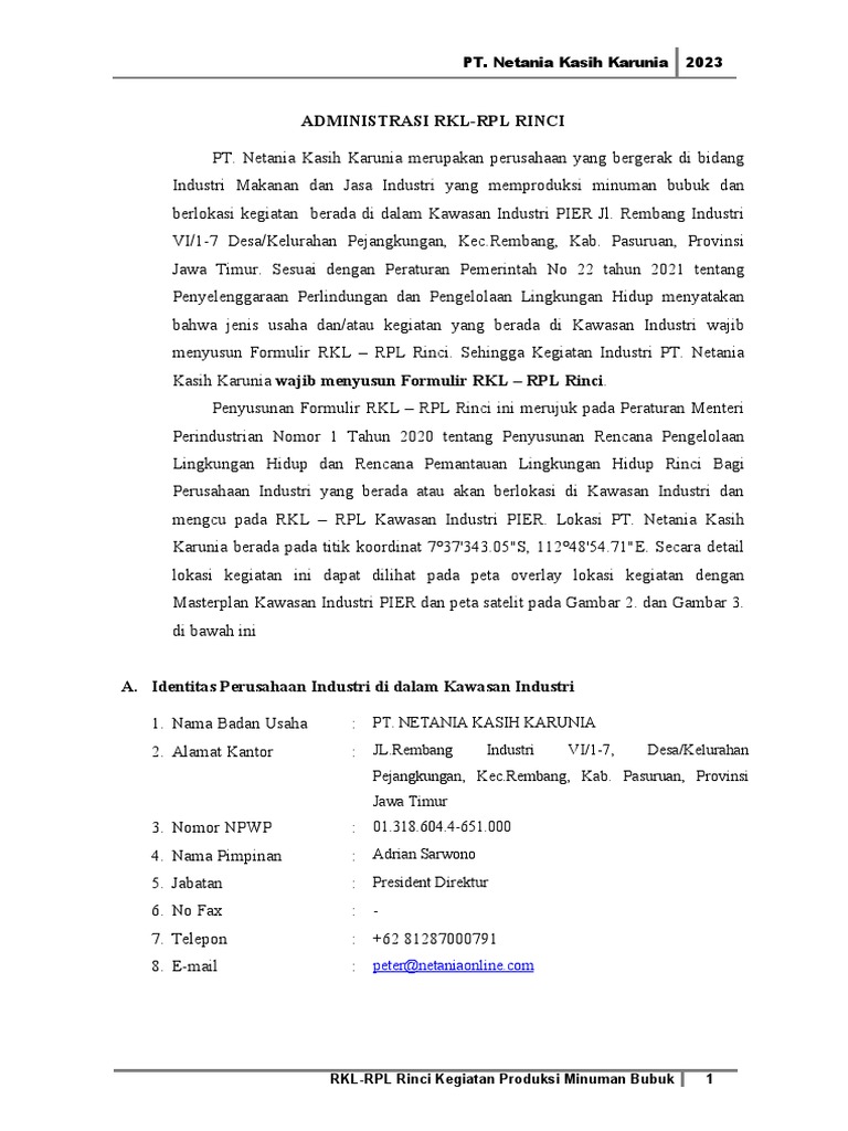 Administrasi RKL-RPL Rinci: PT. Netania Kasih Karunia 2023 | PDF