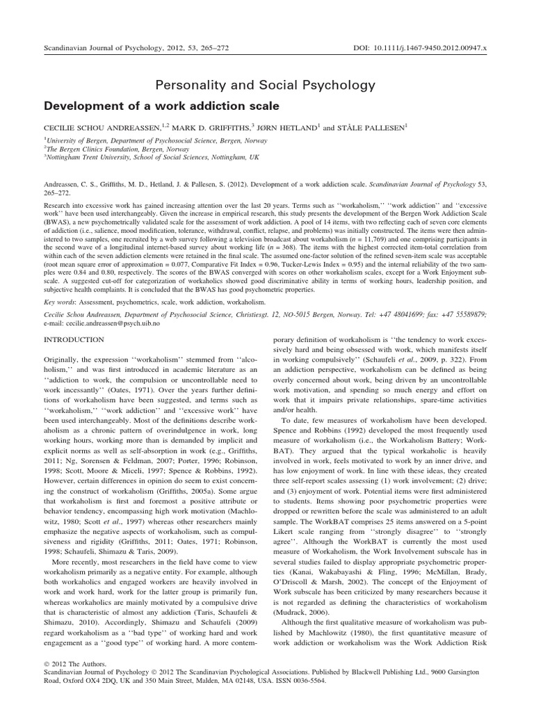 Andreassen Et Al Development of A Work Addiction Scale | PDF | Psychology
