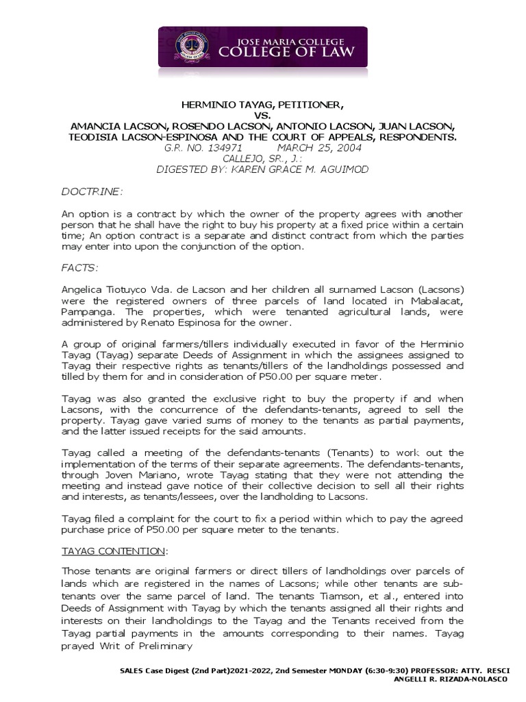 LS 207 SALES LAW CASE Under Atty. Resci Rizada Nolasco 2nd Case Digest ...
