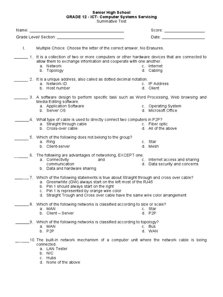 Css Summative Test Quarter 2 Upload Pdf Computer Network Network Topology