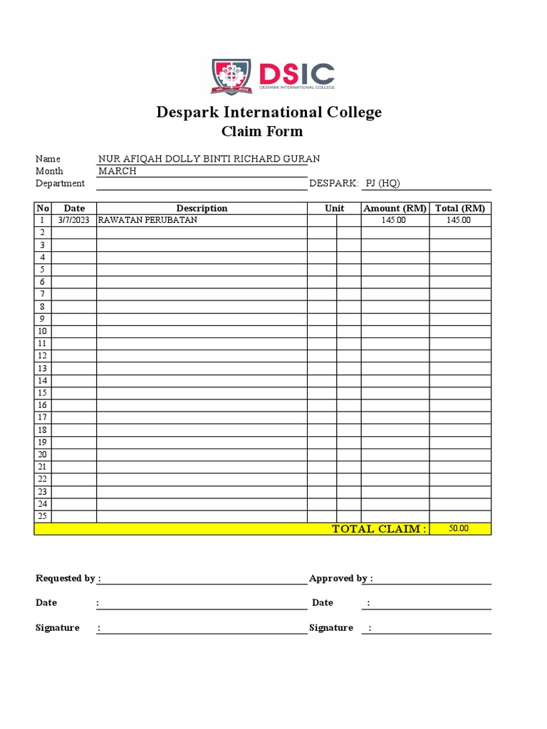 Despark College Claim Form Template | PDF