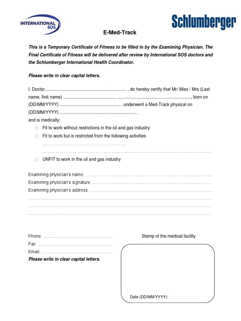 ISOS MedTrack SLB Certificate of Fitness | PDF