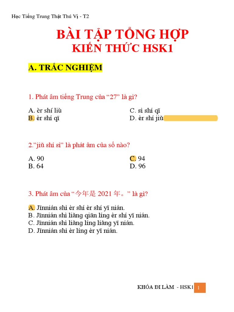 Bai Tâp Kêt Thuc HSK1 | PDF