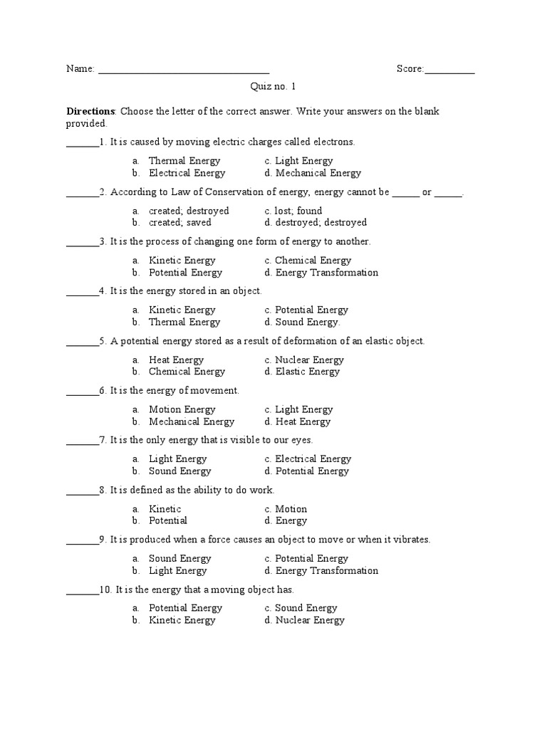 Energy Types and Conservation Quiz | PDF