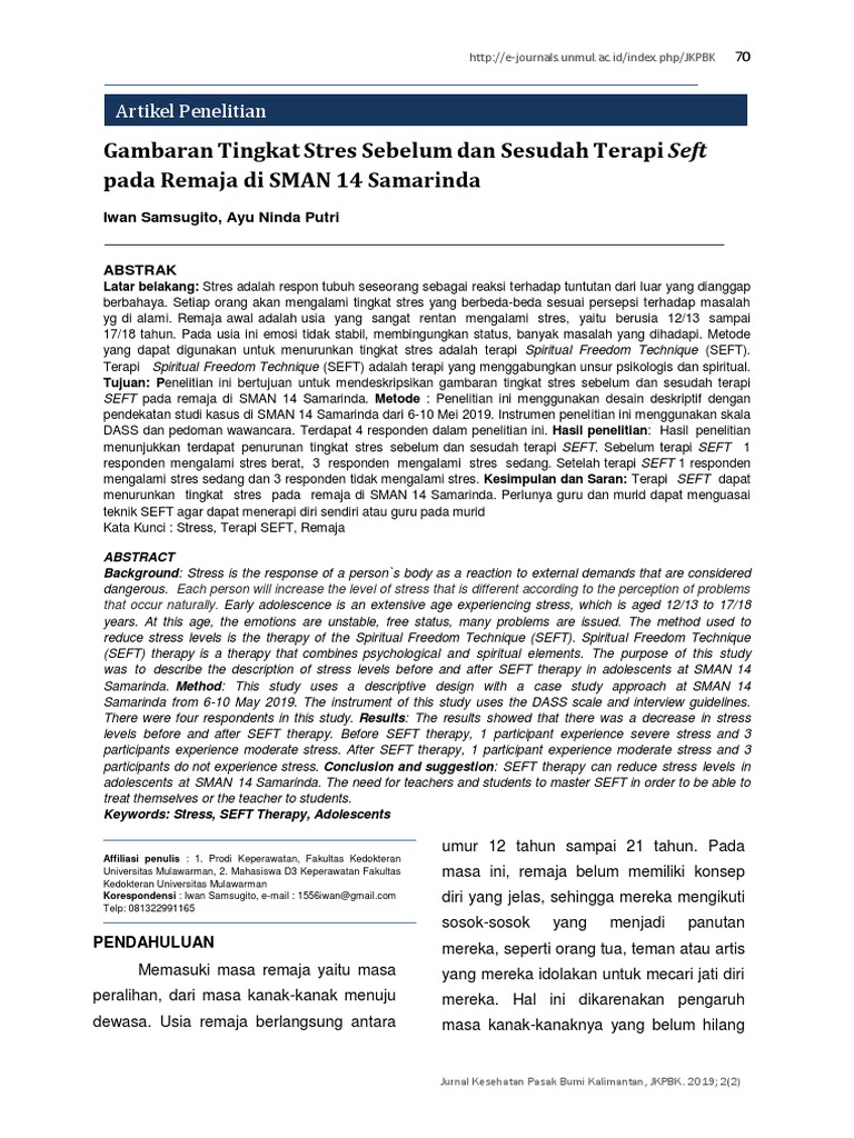 Gambaran Tingkat Stres Sebelum Dan Sesudah Terapi Seft Pada Remaja Di ...
