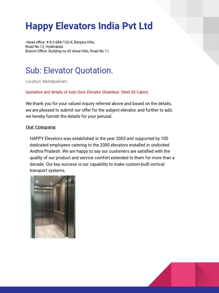 Elevator Quotation for 8-10 Passenger Auto Door Lift | PDF | Elevator ...