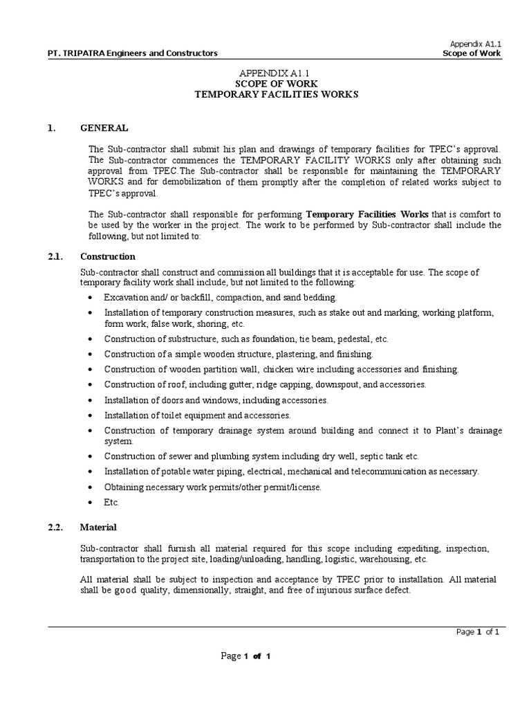 2 - Appendix A1.1 - Scope of Work Temp Facility | PDF | Building Engineering | Civil Engineering