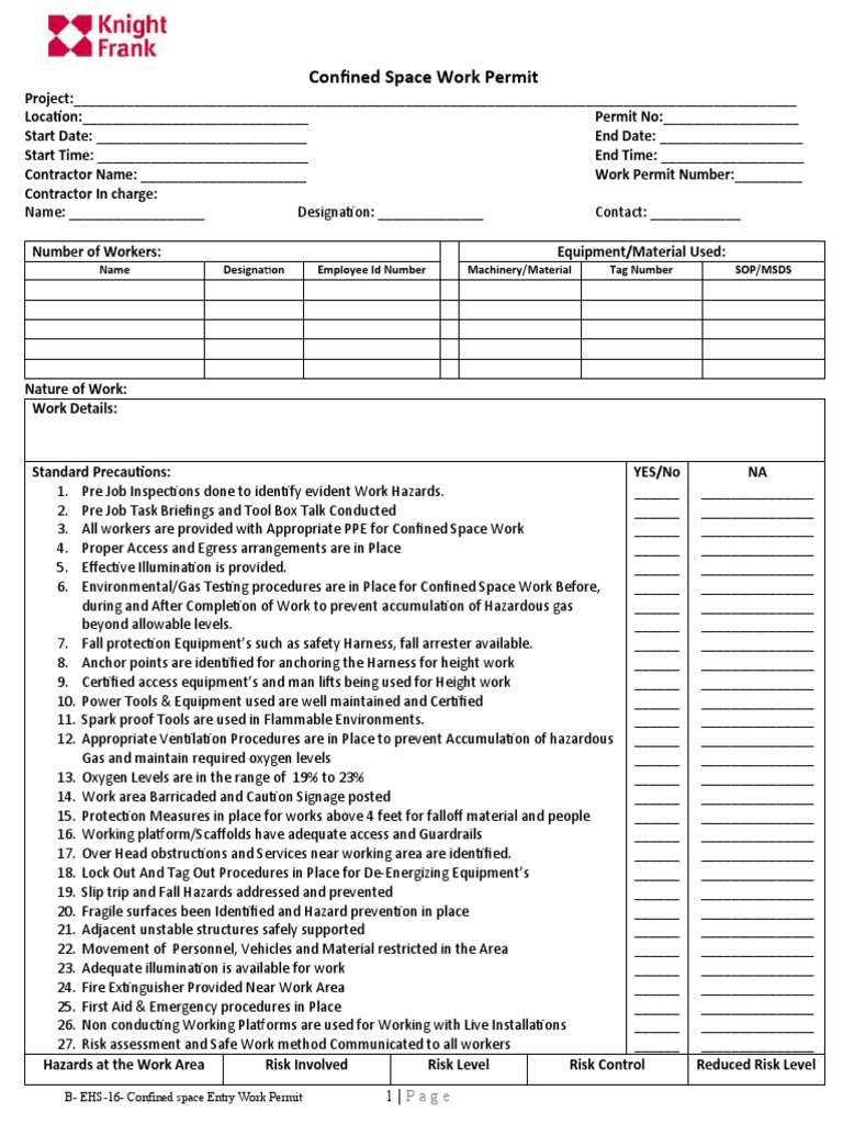 B-EHS-16 Confined Space Entry Permit-1 | PDF | Labor Relations | Workplace