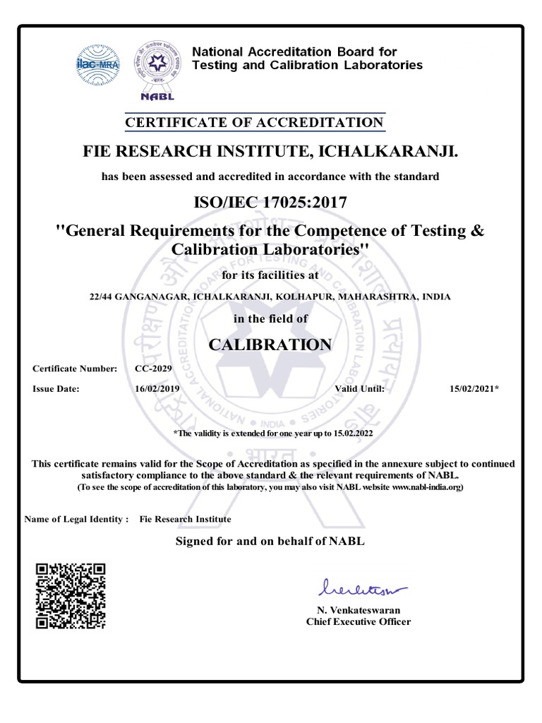 Fie Research Institute, Ichalkaranji.: Has Been Assessed and Accredited in Accordance With The ...