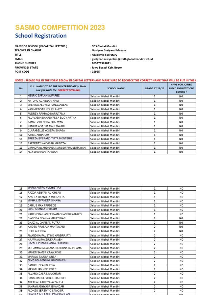 Sasmo Competition 2023: School Registration | PDF