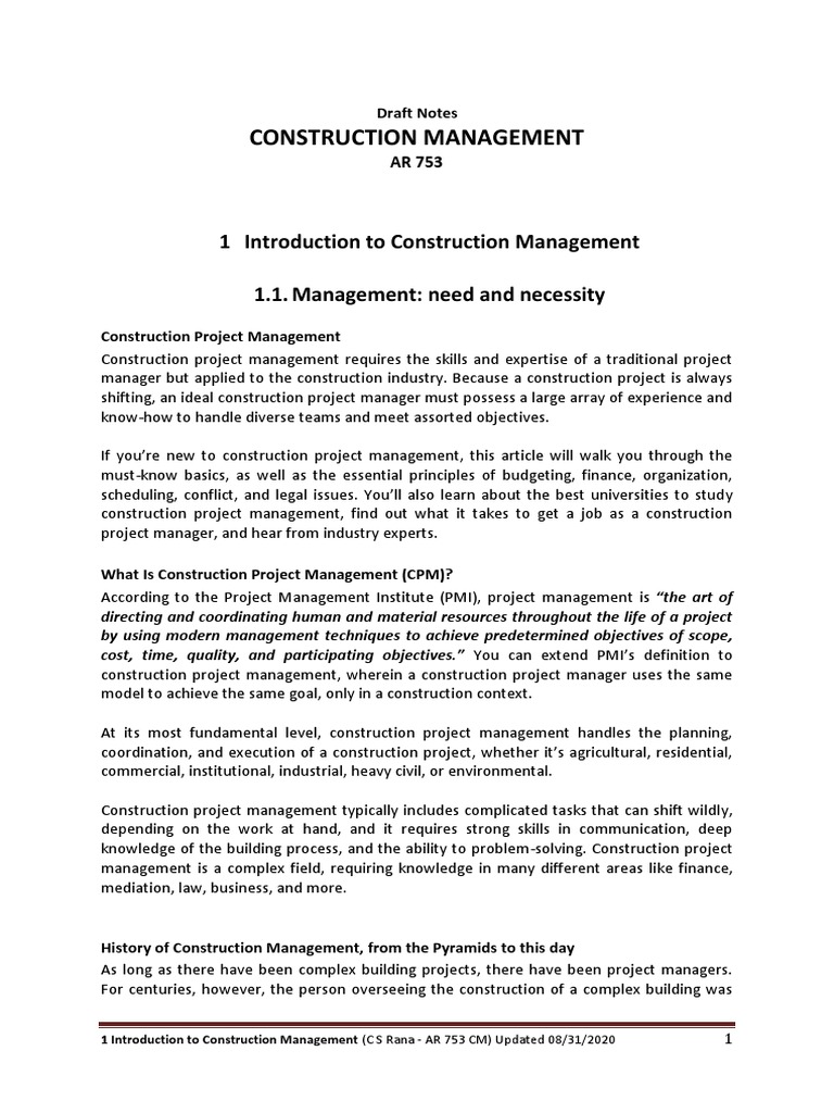 Construction Management: 1 Introduction To Construction Management 1.1 ...