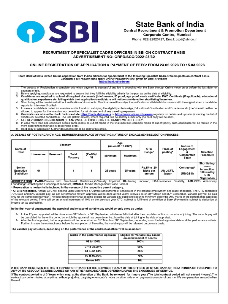 State Bank of India: Phone: 022-22820427, Email: Crpd@sbi - Co.in ...