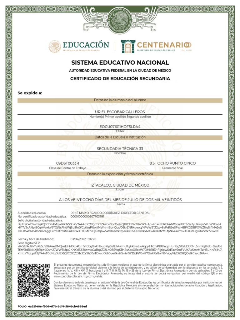 Certificado de Secundaria | PDF