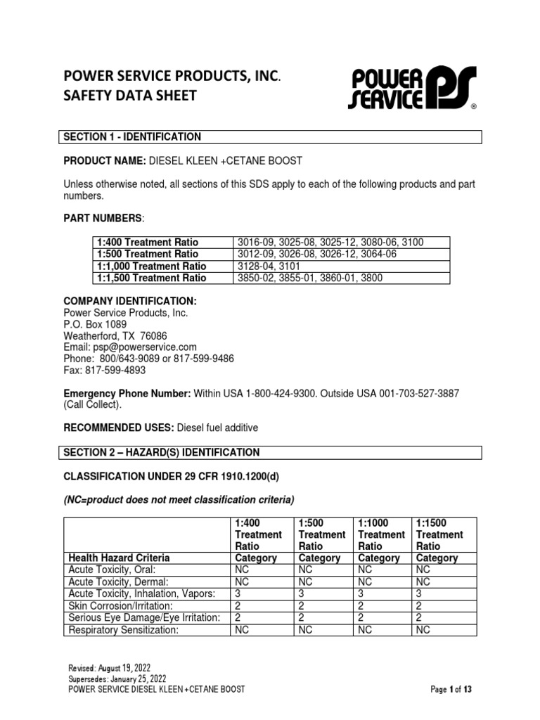 PSDK Diesel-Kleen-Cetane-Boost-SDS-081922-Final | PDF | Toxicity ...