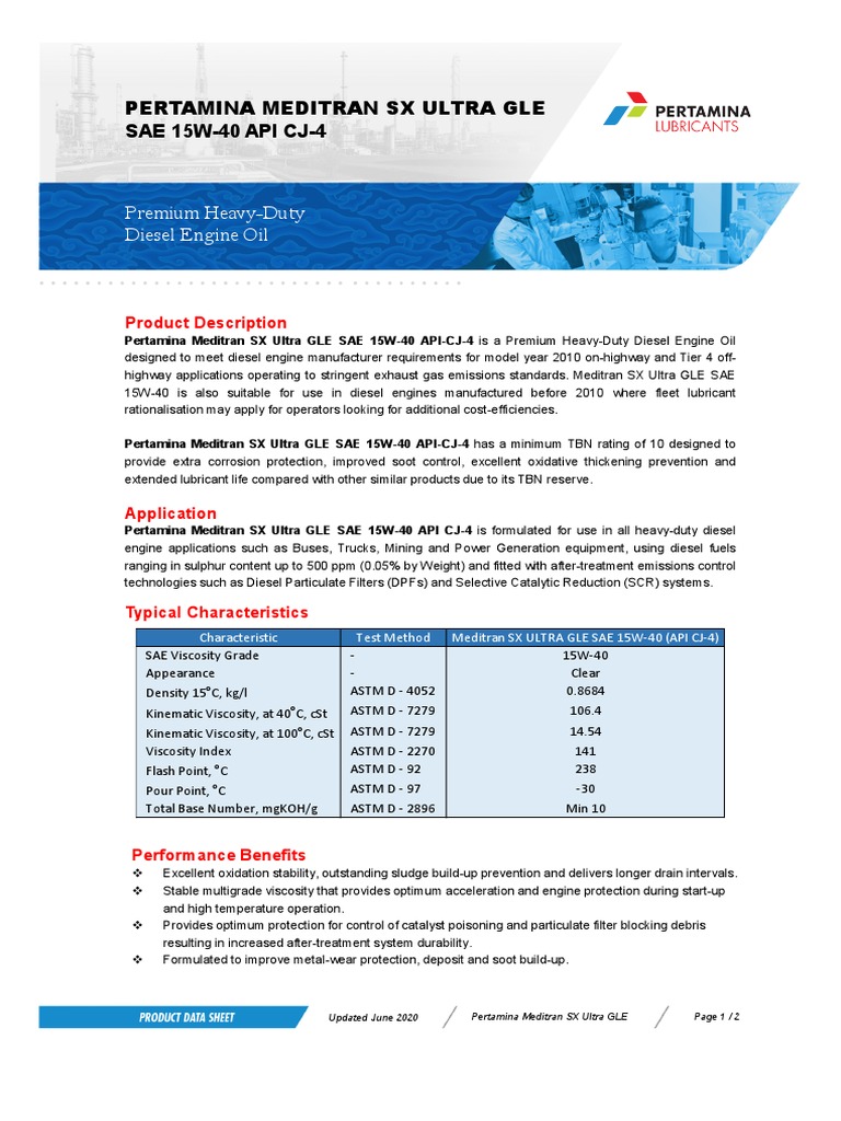Premium Heavy-Duty Diesel Engine Oil: Pertamina Meditran SX Ultra Gle SAE 15W-40 API CJ-4 | PDF ...