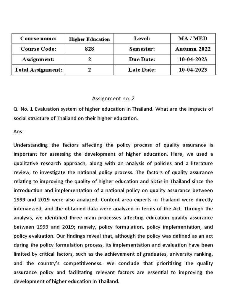 Course Name: Level: Ma / Med Course Code: 828 Semester: Autumn 2022 Assignment: 2 Due Date: 10 ...