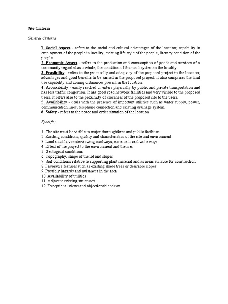 Site Criteria and Selection | PDF