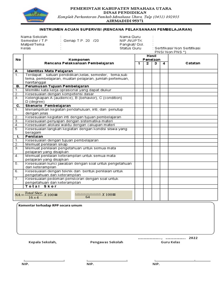 Instrumen Supervisi RPP Pendidikan Minahasa | PDF