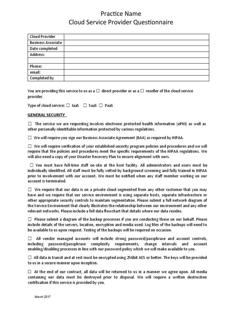 Cloud Service Questionnaire | Download Free PDF | Security | Computer ...