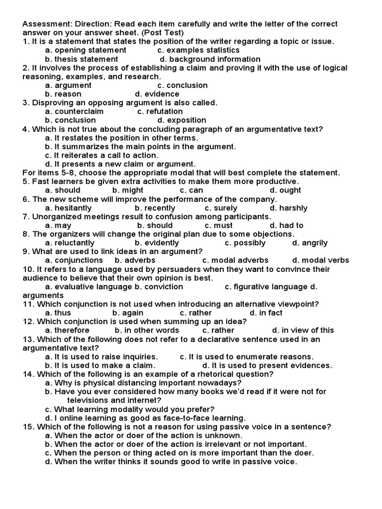 Assessment Grade 10 15 Items | PDF | Argument | Linguistics